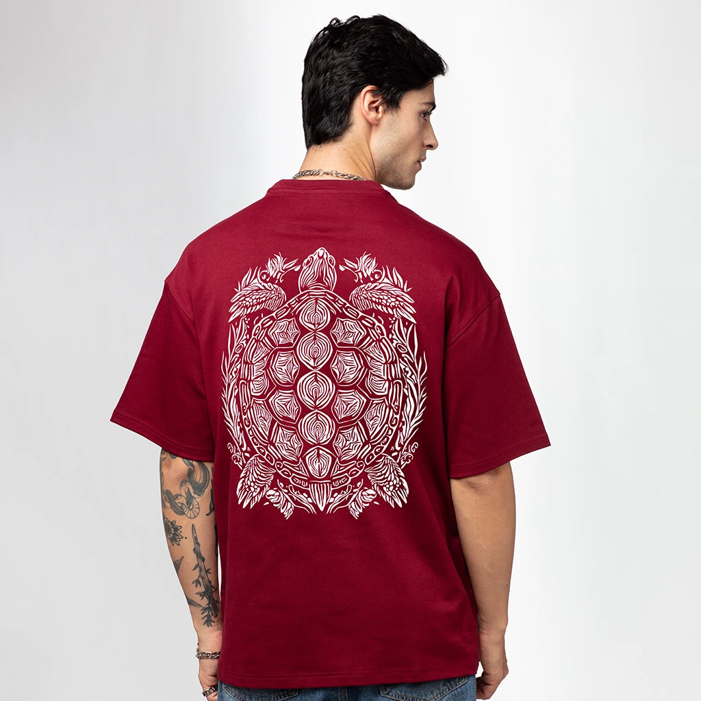 Buy Keep Going-Turtle Maroon Men's Printed Oversized T-Shirt